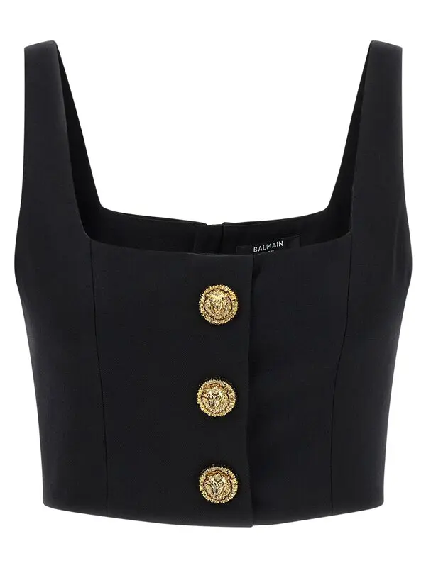 Balmain Cropped Virgin Wool Top With Gold Tone Buttons - Black