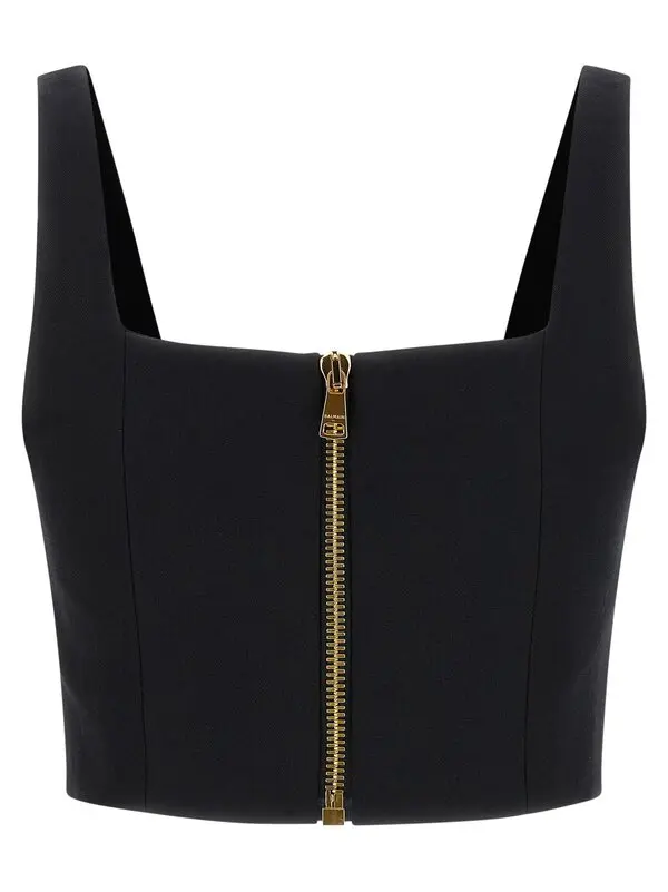 Balmain Cropped Virgin Wool Top With Gold Tone Buttons - Black