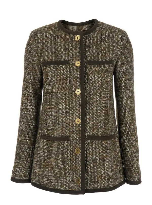 GOLDEN GOOSE Brown Crew Neck Jacket With Front Patch Pockets In Wool Blend - Multicolor