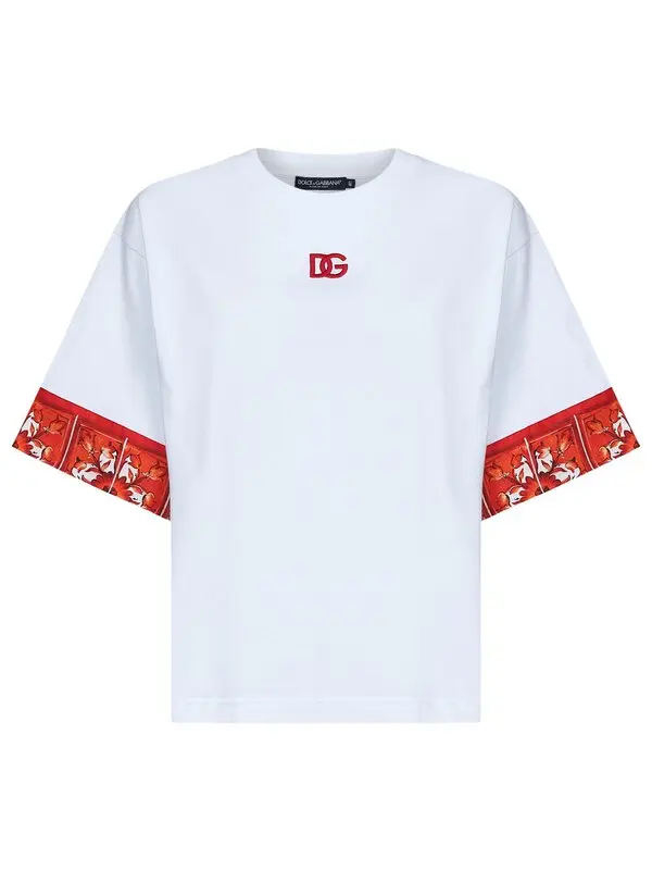 Dolce & Gabbana White Jersey T-shirt With Maiolica-print Scarf - Multicolor