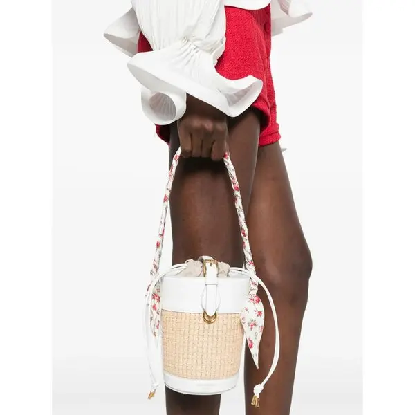 Dolce & Gabbana Floral Print Raffia And Leather Bucket Bag - Cream