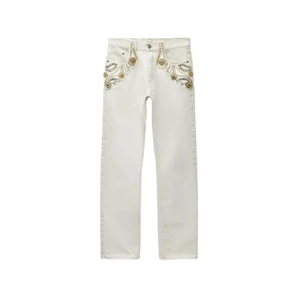Versace Grey Crystal-embellished Straight-leg Denim Jeans - Gray