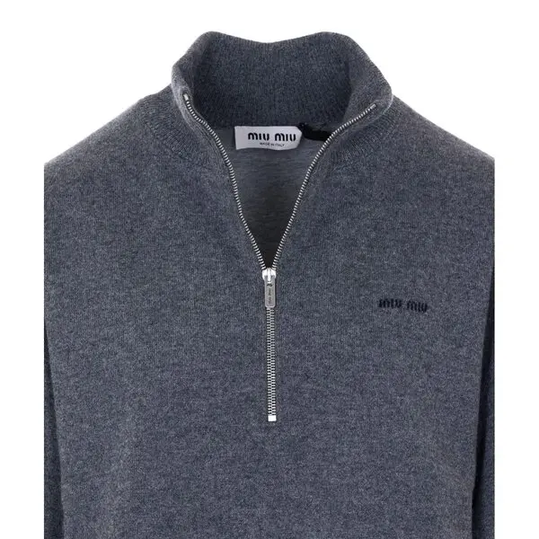 Miu Miu Half Zip Logo Sweater - Gray