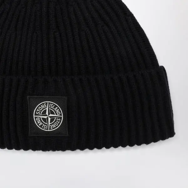 Stone Island Navy Wool Beanie With Compass Patch
