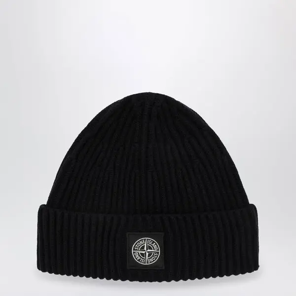 Stone Island Navy Wool Beanie With Compass Patch - Blue
