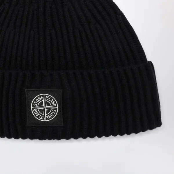 Stone Island Navy Wool Beanie With Compass Patch - Blue