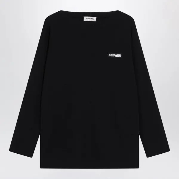 Miu Miu Virgin Wool Sweater With Logo Intarsia - Blue