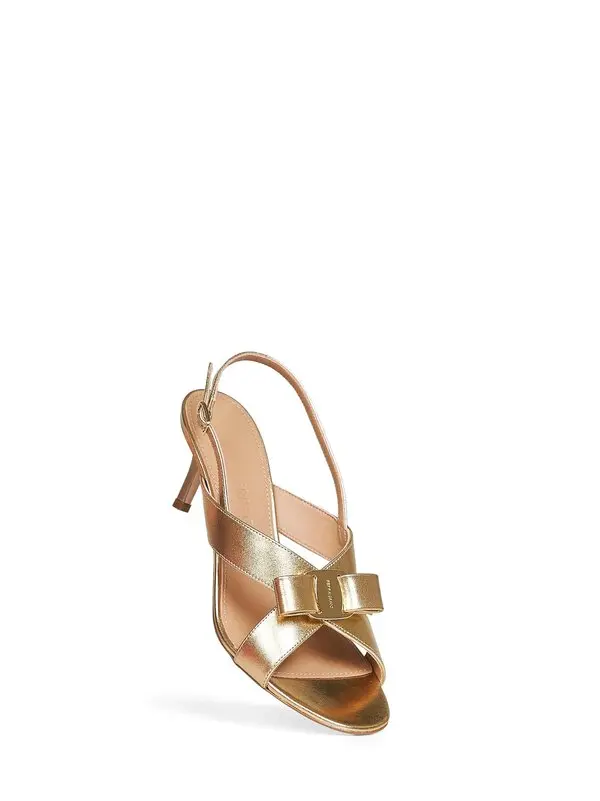 FERRAGAMO Gold Laminated Nappa Leather Rima Vara Bow Sandals - Multicolor