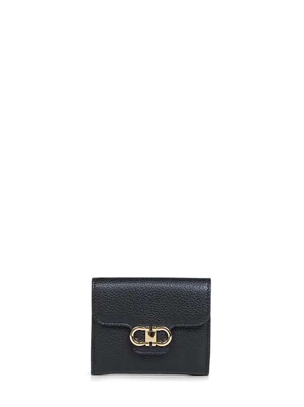 FERRAGAMO Black Hammered Calfskin Leather Gancini Compact Wallet - Multicolor