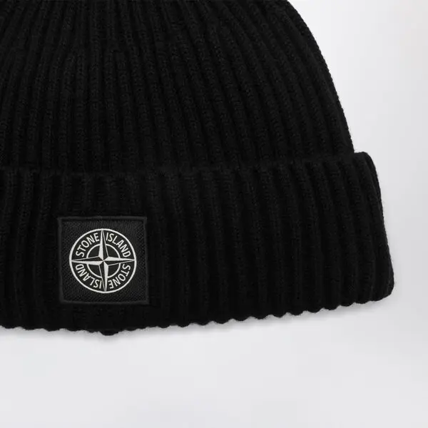 Stone Island Wool Compass Patch Beanie - Black
