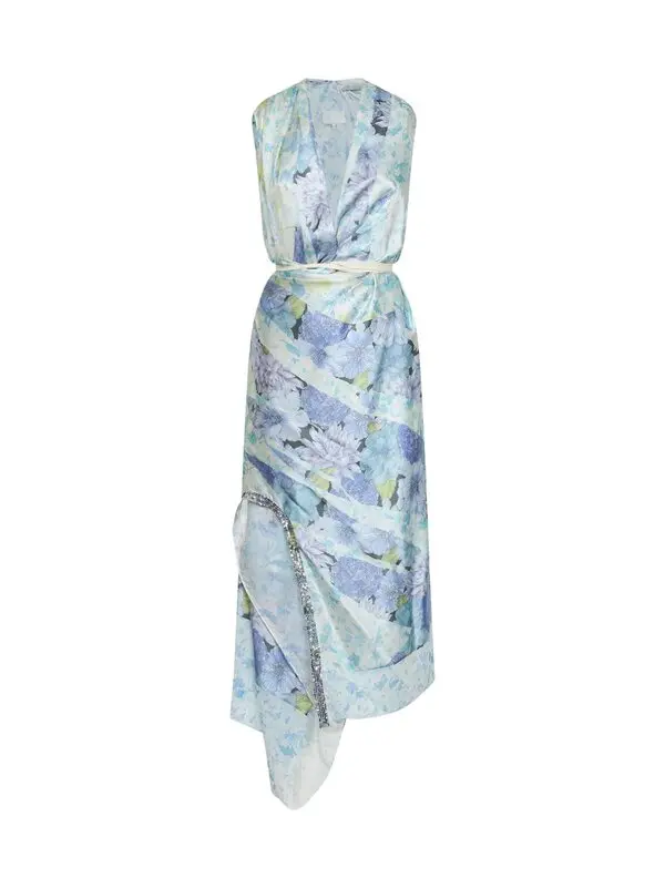 MAISON MARGIELA Light Blue Floral Silk Wrap Midi Dress - Multicolor
