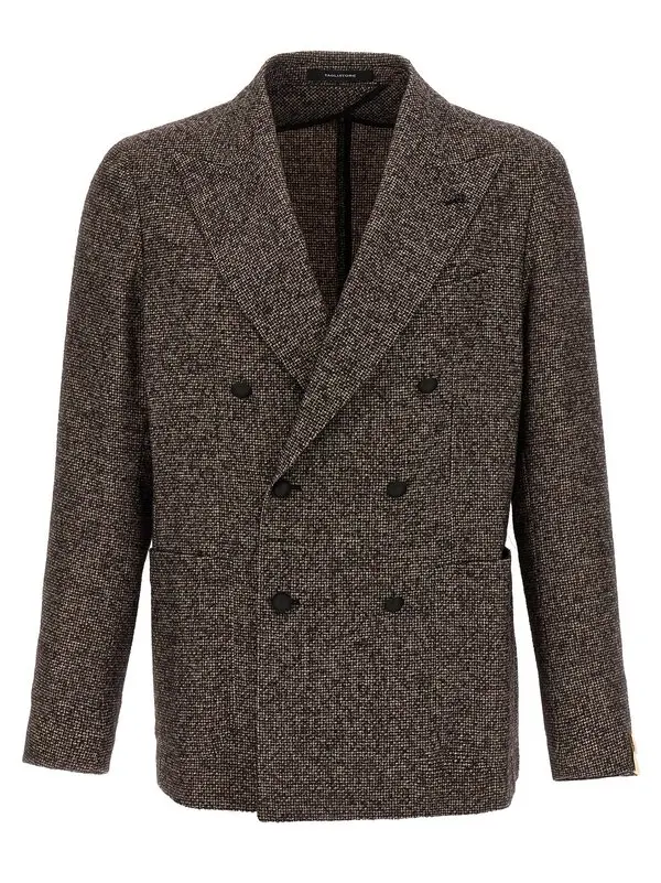 Tagliatore Micro Patterned Virgin Wool Blend Double Breasted Blazer - Brown