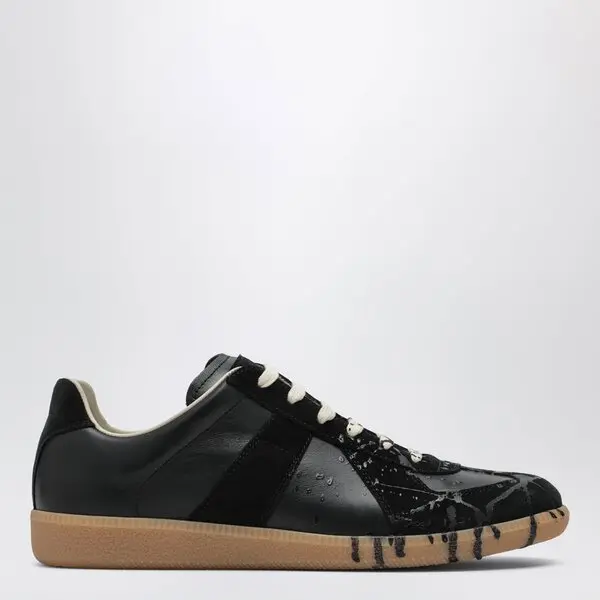 MAISON MARGIELA Replica Paint-splattered Calfskin And Suede Sneakers - Black