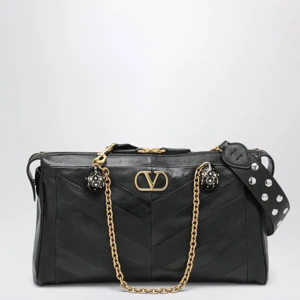 Valentino Garavani Panthea Chevron Bag In Leather - Black