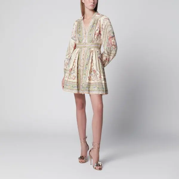 Zimmermann Roselight Mini Dress In Sage Floral Linen - Multicolor