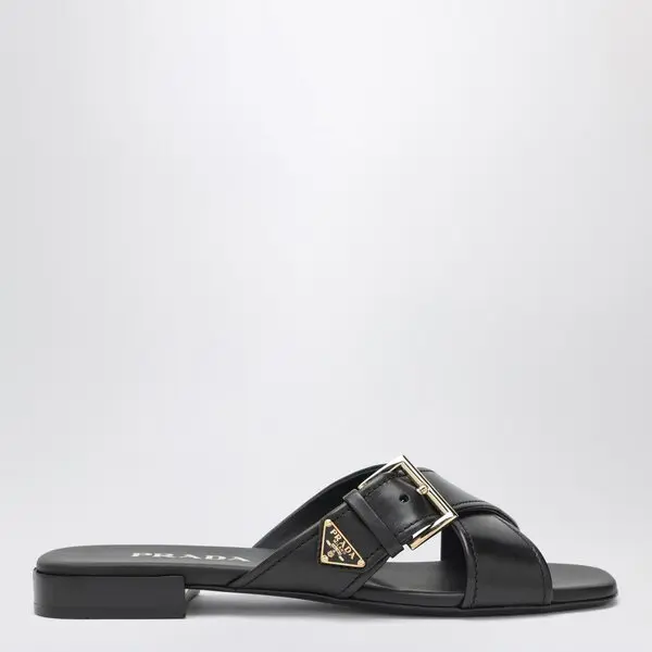 Prada Leather Slider Sandals With Buckle - Black