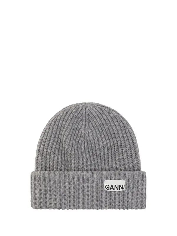 GANNI Ribbed Knit Wool Beanie - Gray