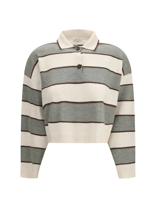 Brunello Cucinelli Polo Crop In Sparkling Stripes Knit - Multicolor