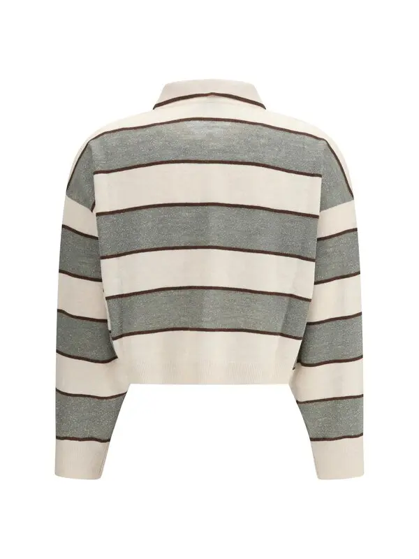 Brunello Cucinelli Polo Crop In Sparkling Stripes Knit - Multicolor