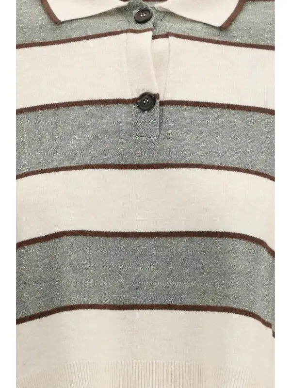 Brunello Cucinelli Polo Crop In Sparkling Stripes Knit - Multicolor