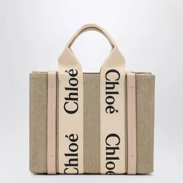 Chloé Woody Little Bag In Beige Canvas - Pink