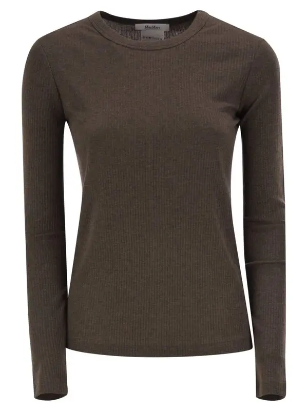 Max Mara Mxmsalmone Ribbed Lyocell And Silk T-shirt - Brown