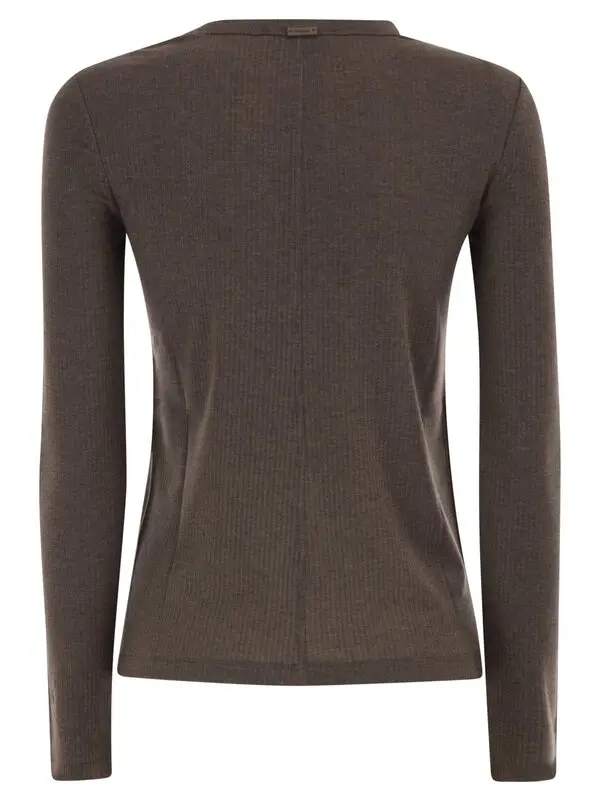 Max Mara Mxmsalmone Ribbed Lyocell And Silk T-shirt - Brown