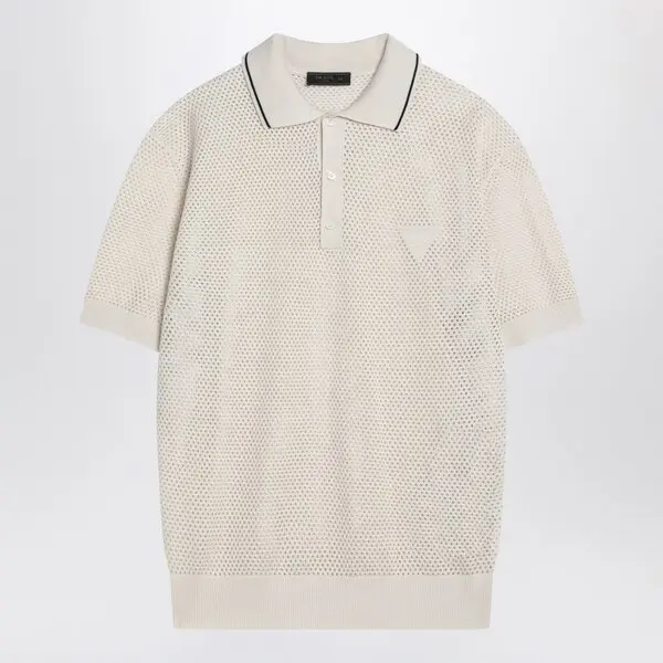 Prada Openwork Talc-coloured Polo In Cotton And Silk - White