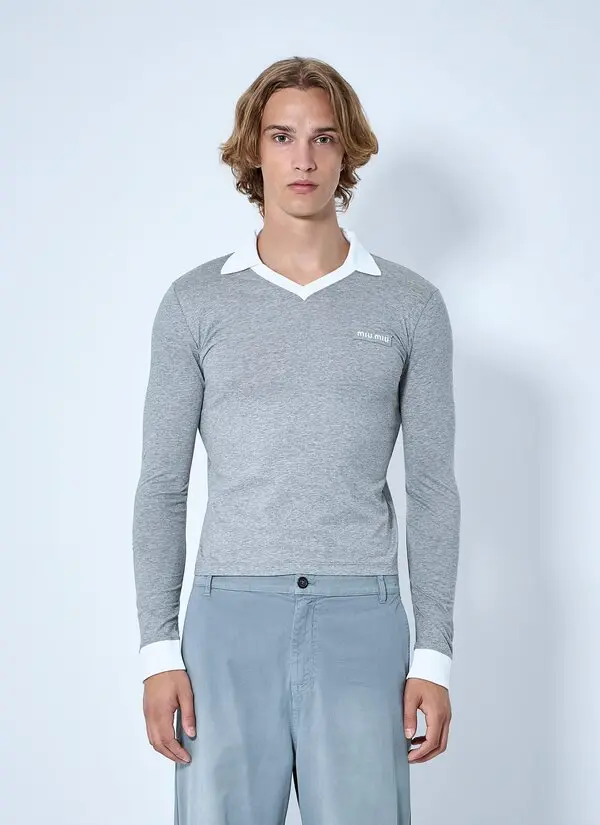 Miu Miu Collared Long Sleeve Knit Sweater - Gray