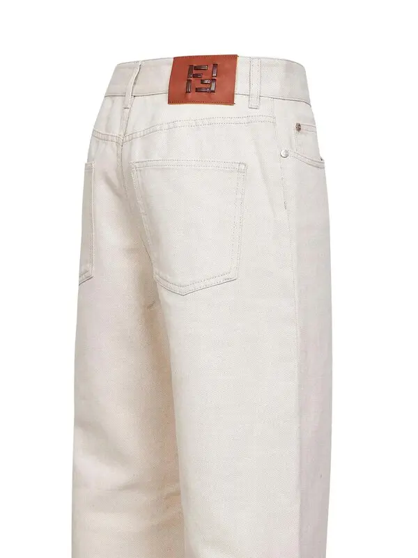 Fendi Beige Cotton Denim Straight Jeans With Ff Motif - Multicolor