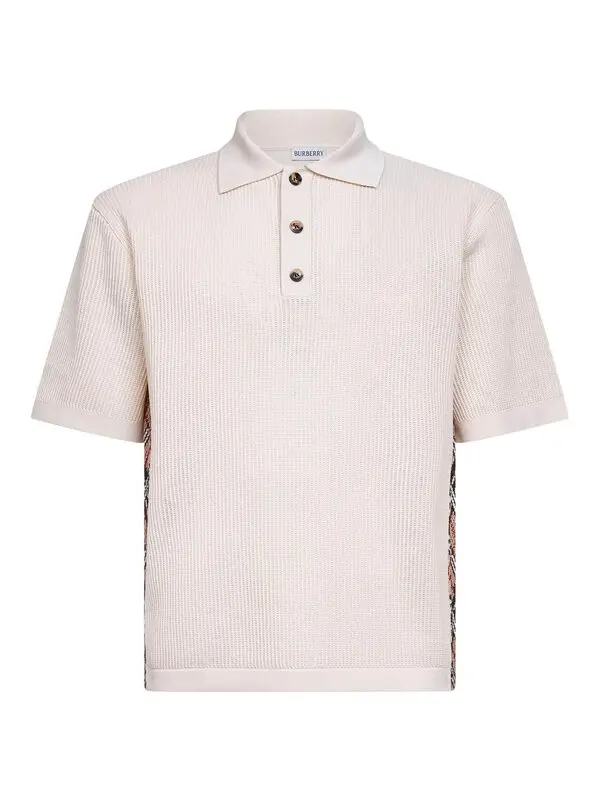 Burberry Beige Cotton Mesh Polo Shirt With Check Trims - Multicolor