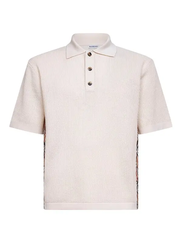 Burberry Beige Cotton Mesh Polo Shirt With Check Trims - Multicolor