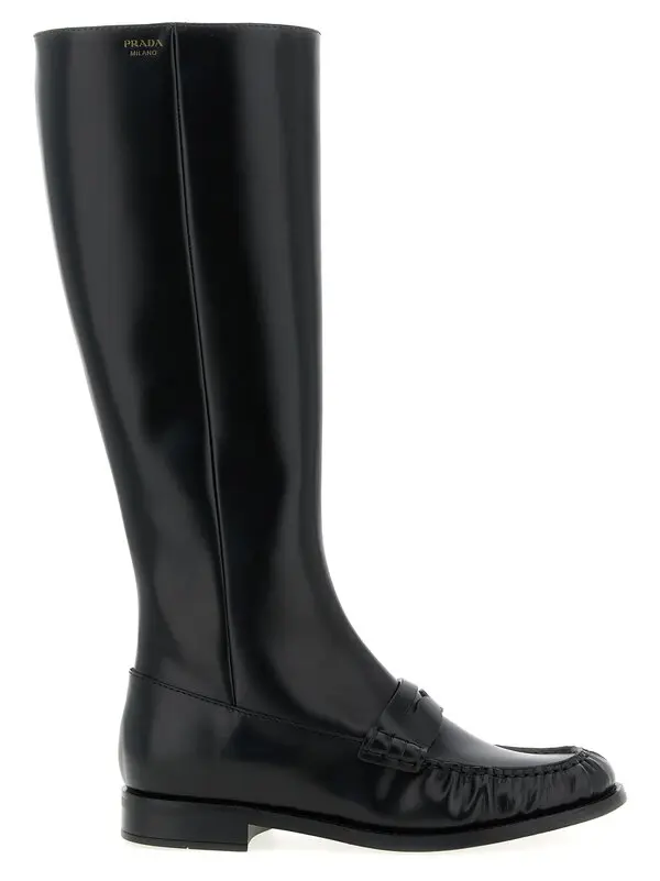 Prada Brushed Calfskin High Moccasin Boots - Black