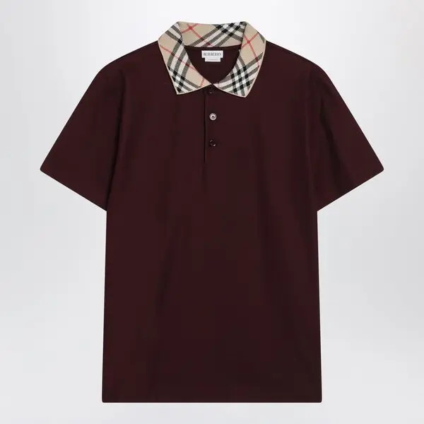 Burberry Cotton Polo Shirt With Check Collar In Vineyard - Red