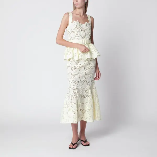 SELF-PORTRAIT Peplum Midi Lace Dress - Yellow