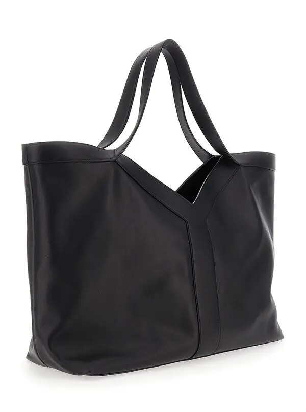 Saint Laurent Leather Tote Bag With Hook Closure - Black