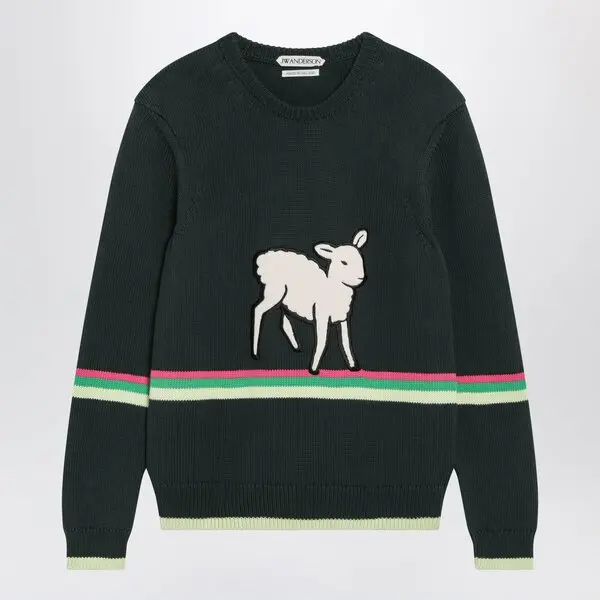 JW Anderson Dark Cotton Sweater With Sheep Embroidery - Green