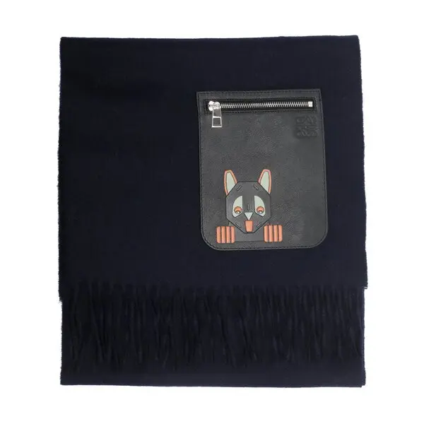 Loewe Wool And Cashmere Scarf With Anagram And Cat Embossed Pocket - Blue
