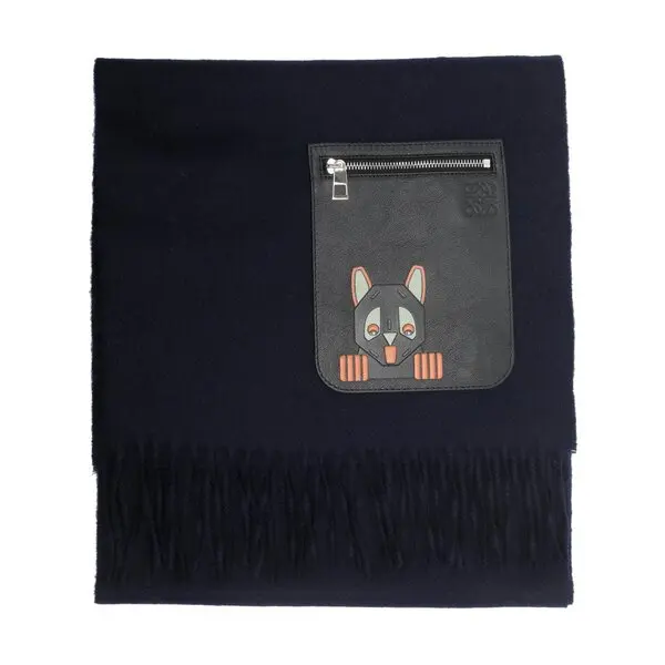 Loewe Wool And Cashmere Scarf With Anagram And Cat Embossed Pocket - Blue