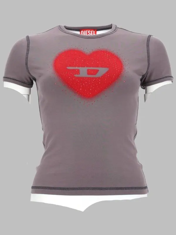 DIESEL® Heart Print And Studded Short Sleeve T-shirt - Gray