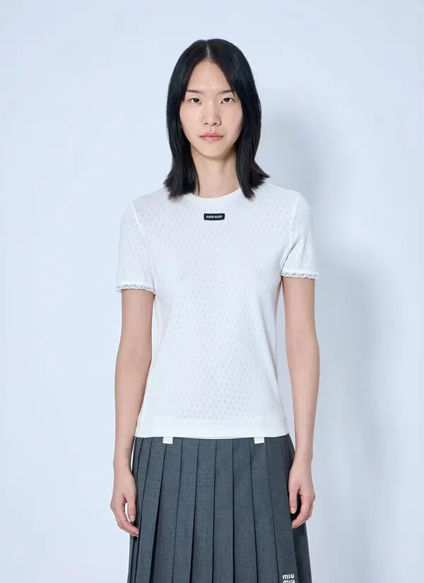 Miu Miu Lace-trim Logo-patch T-shirt - White