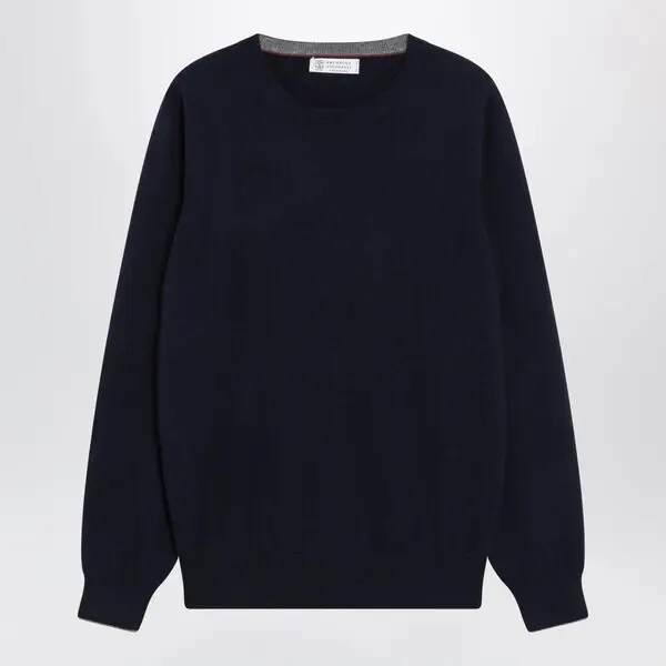 Brunello Cucinelli Navy Cashmere Crewneck Sweater With Contrast Trim - Blue