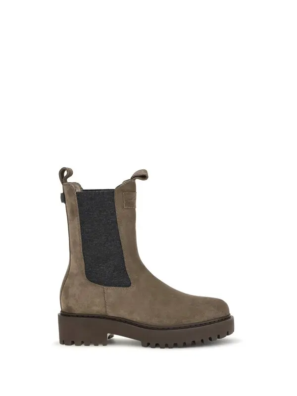 Brunello Cucinelli Suede Ankle Boots With Knit Insert And Precious Loop Detail - Brown