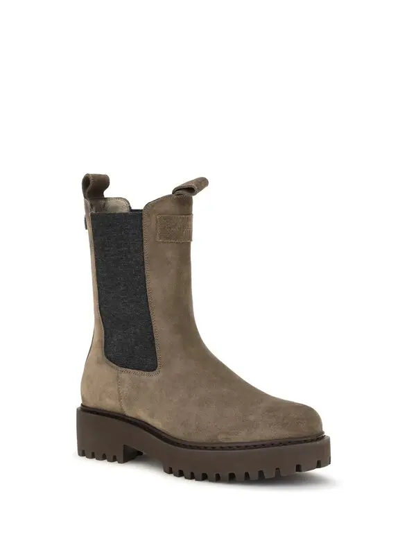 Brunello Cucinelli Suede Ankle Boots With Knit Insert And Precious Loop Detail