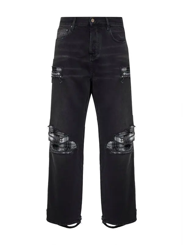 Amiri Black Denim Flannel Repair Baggy Jeans - Multicolor