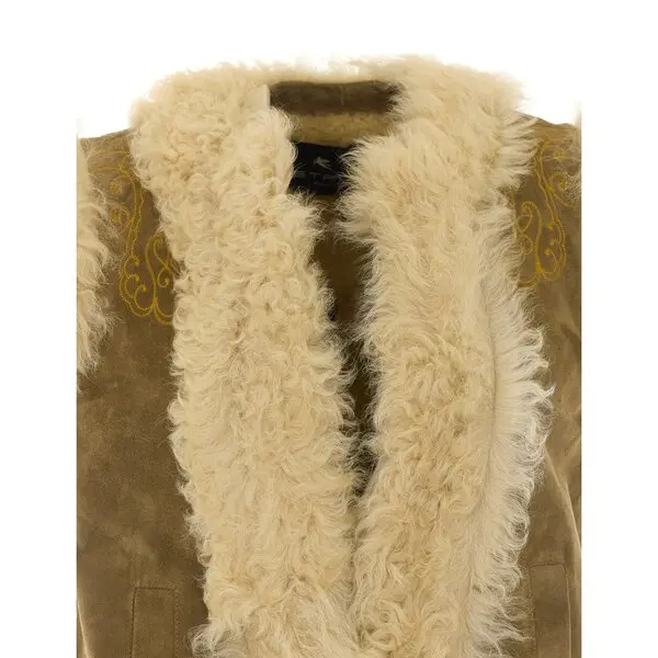 Etro Shearling Vest Peacock Embroidery