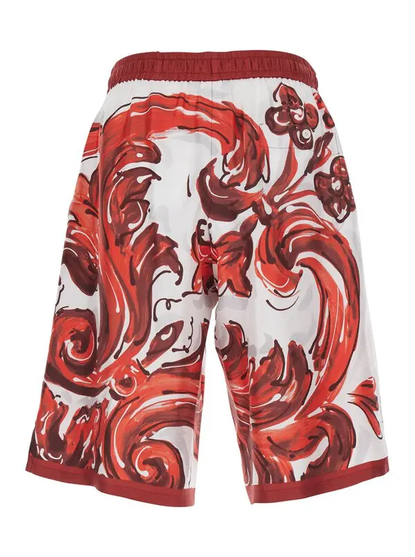 Dolce & Gabbana Bordeaux Bermuda Shorts With Elasticated Waist And Drawstring And All-over Maiolica Print In Silk For - Multicolor