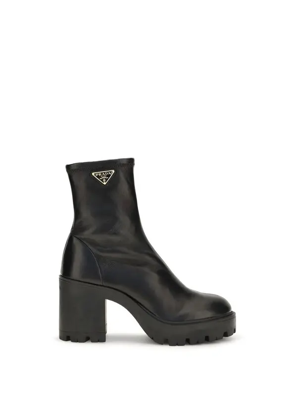 Prada Stretch Leather Platform Ankle Boots - Black