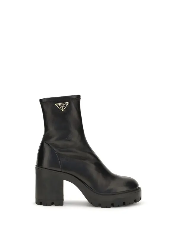 Prada Stretch Leather Platform Ankle Boots - Black