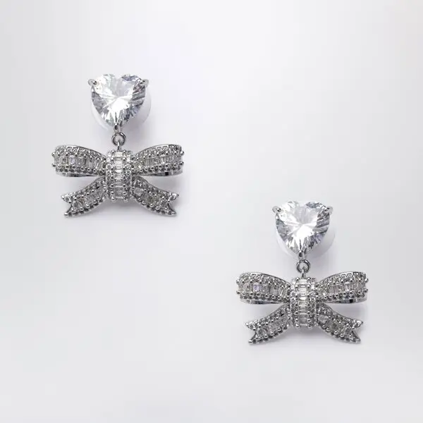 SELF-PORTRAIT Heart Drop Earrings With Crystal Bow - Silver